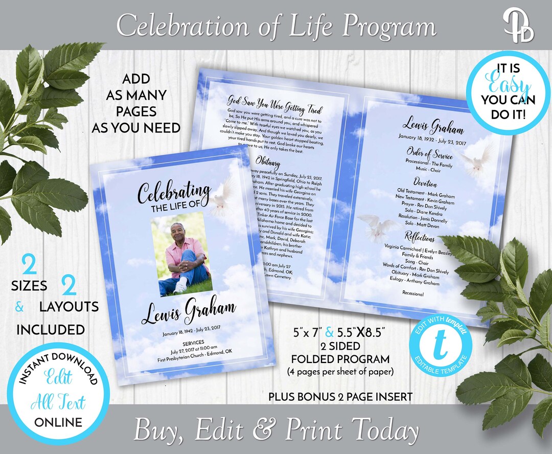 Blue Clouds Funeral Program Template Obituary/order of - Etsy