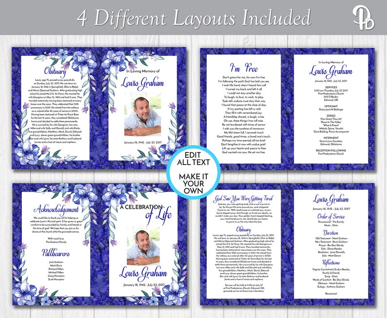 Blue Floral Border Funeral Program Template Obituary/order of - Etsy