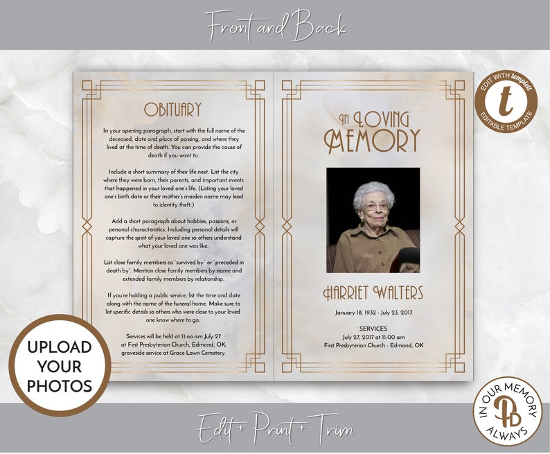 Gold Art Deco Funeral Program Obituary Template Celebration | Etsy