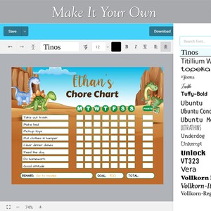 Dinosaur Children's Chore Chart, Editable Reward Chart, Printable Kid's ...