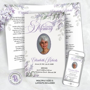 Purple Greenery Funeral Program, Obituary Template, Celebration of Life ...