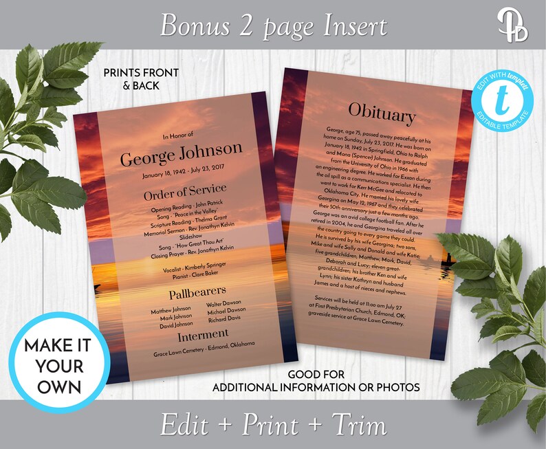 Fishing at Sunset Funeral Program Template Obituary/order of | Etsy