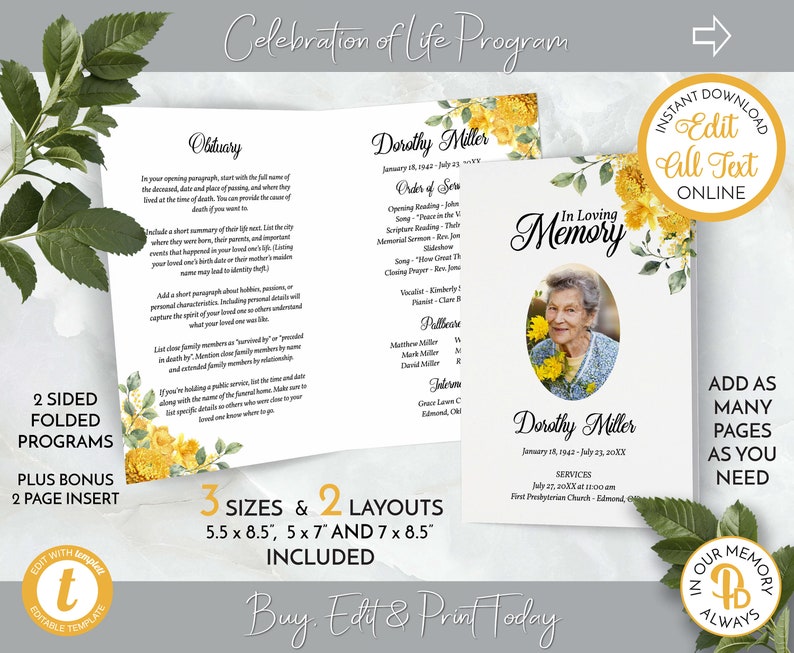 Bright Yellow Floral Funeral Program Obituary Template - Etsy