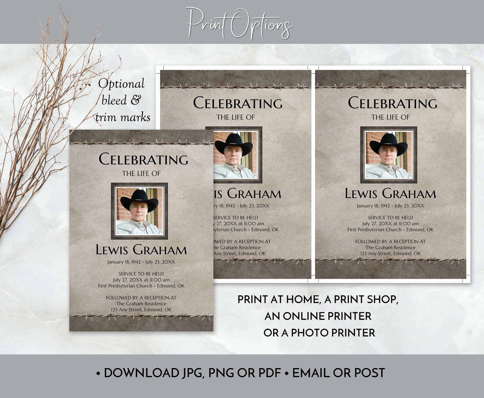 Rustic Brown Funeral Invitation, Electronic Funeral Announcement ...