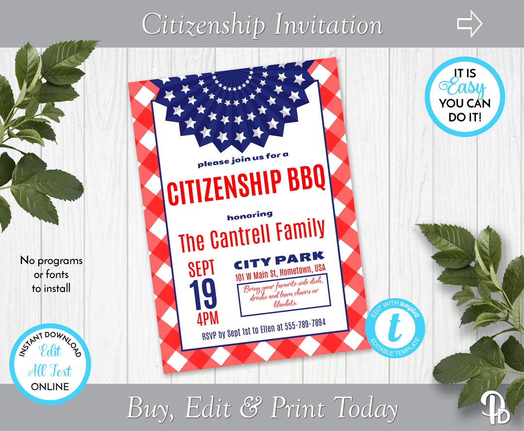 Citizenship BBQ Invitation Template, Citizenship Celebration ...