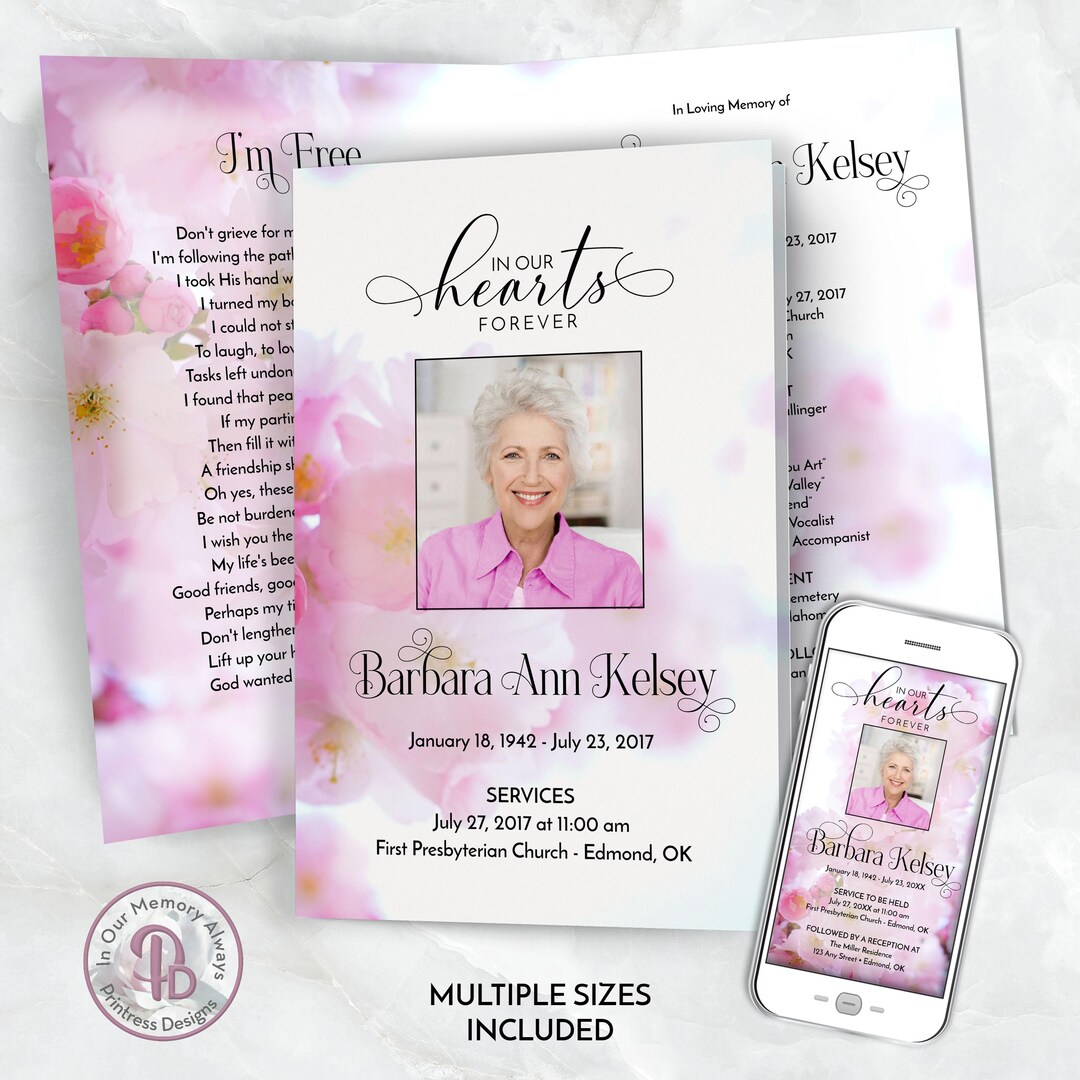 Pink Cherry Blossom Funeral Program Template, Beautiful Editable Floral ...