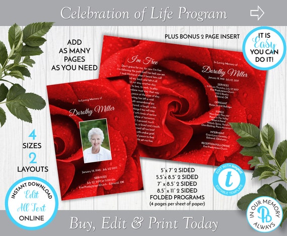 Red Rose Funeral Program Template Obituary/order of Service - Etsy