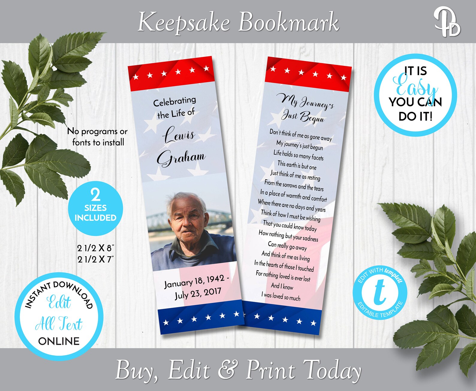 Patriotic Editable Memorial Bookmark Template Veteran - Etsy