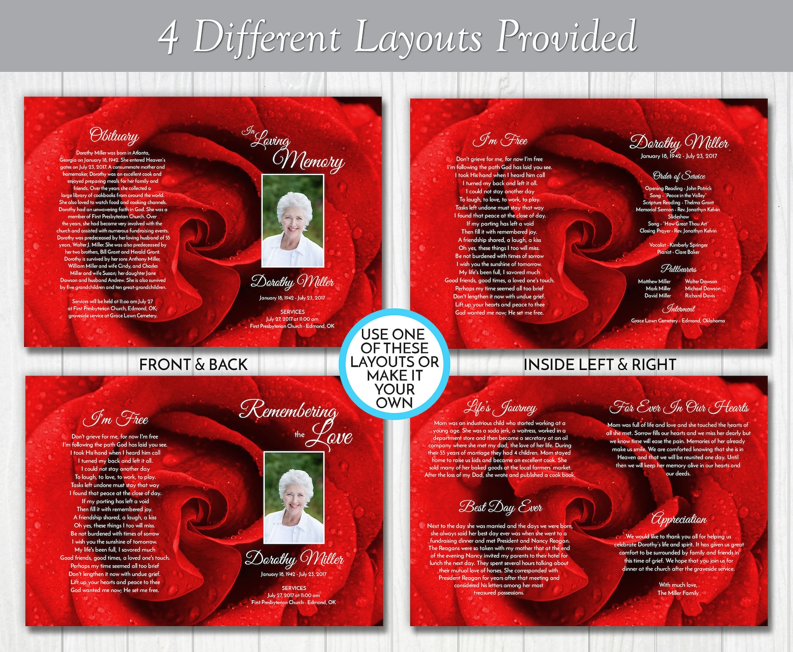 Red Rose Funeral Program Template, Obituary/order of Service Template ...