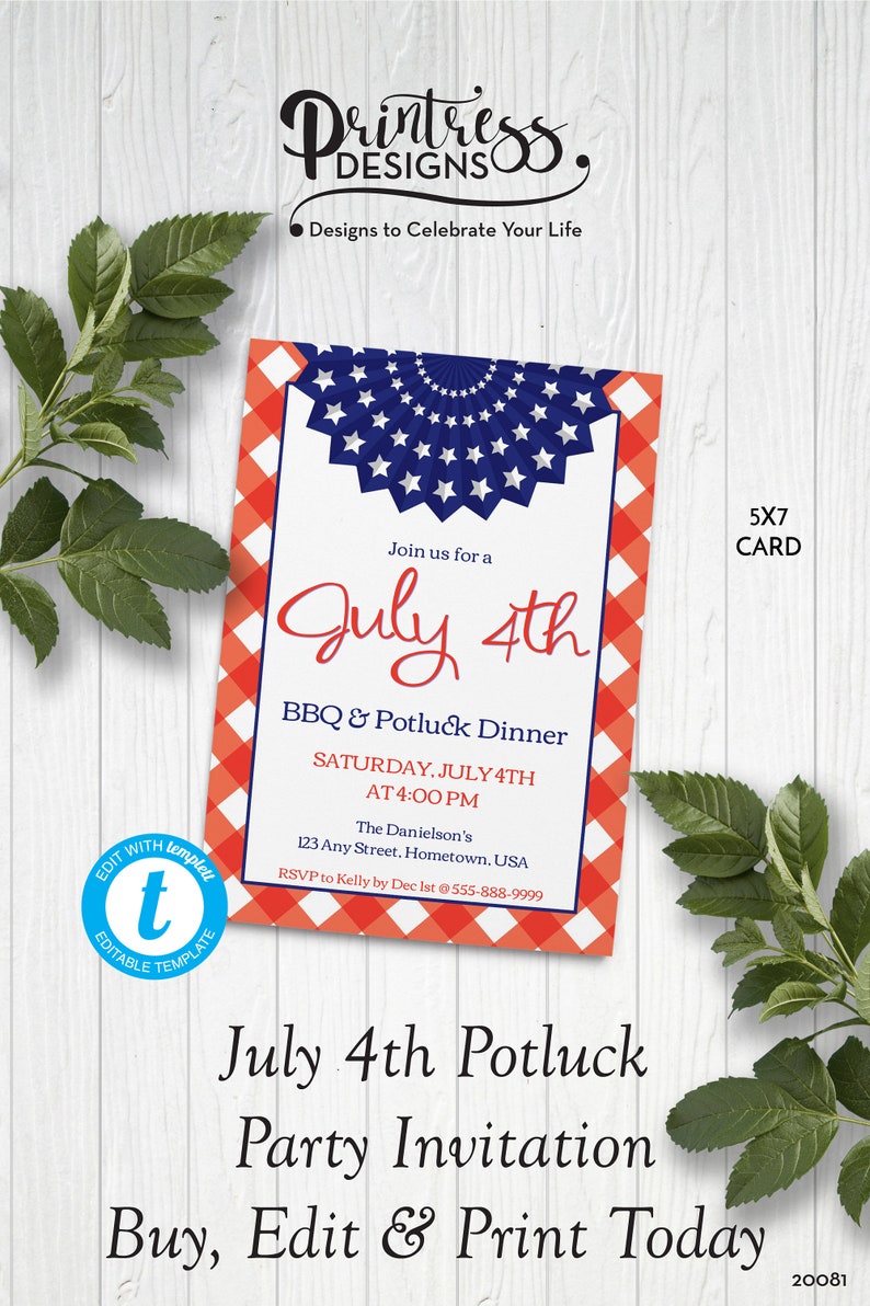July 4th Potluck Dinner Invitation Independence Day Dinner - Etsy