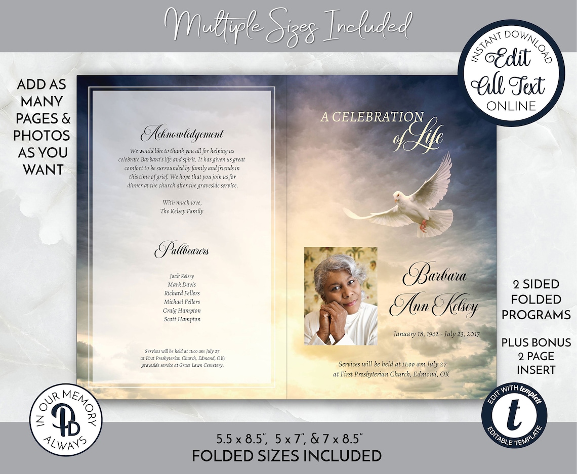 Sunburst Dove Funeral Program Obituary Template Celebration - Etsy