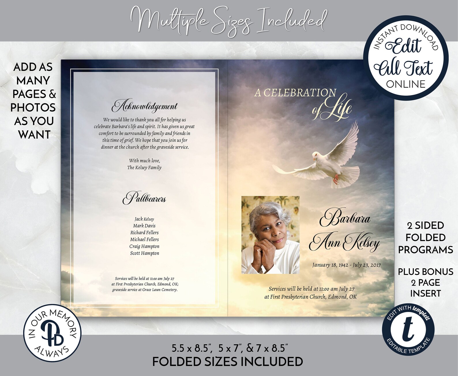 Sunburst Dove Funeral Program Obituary Template Celebration - Etsy