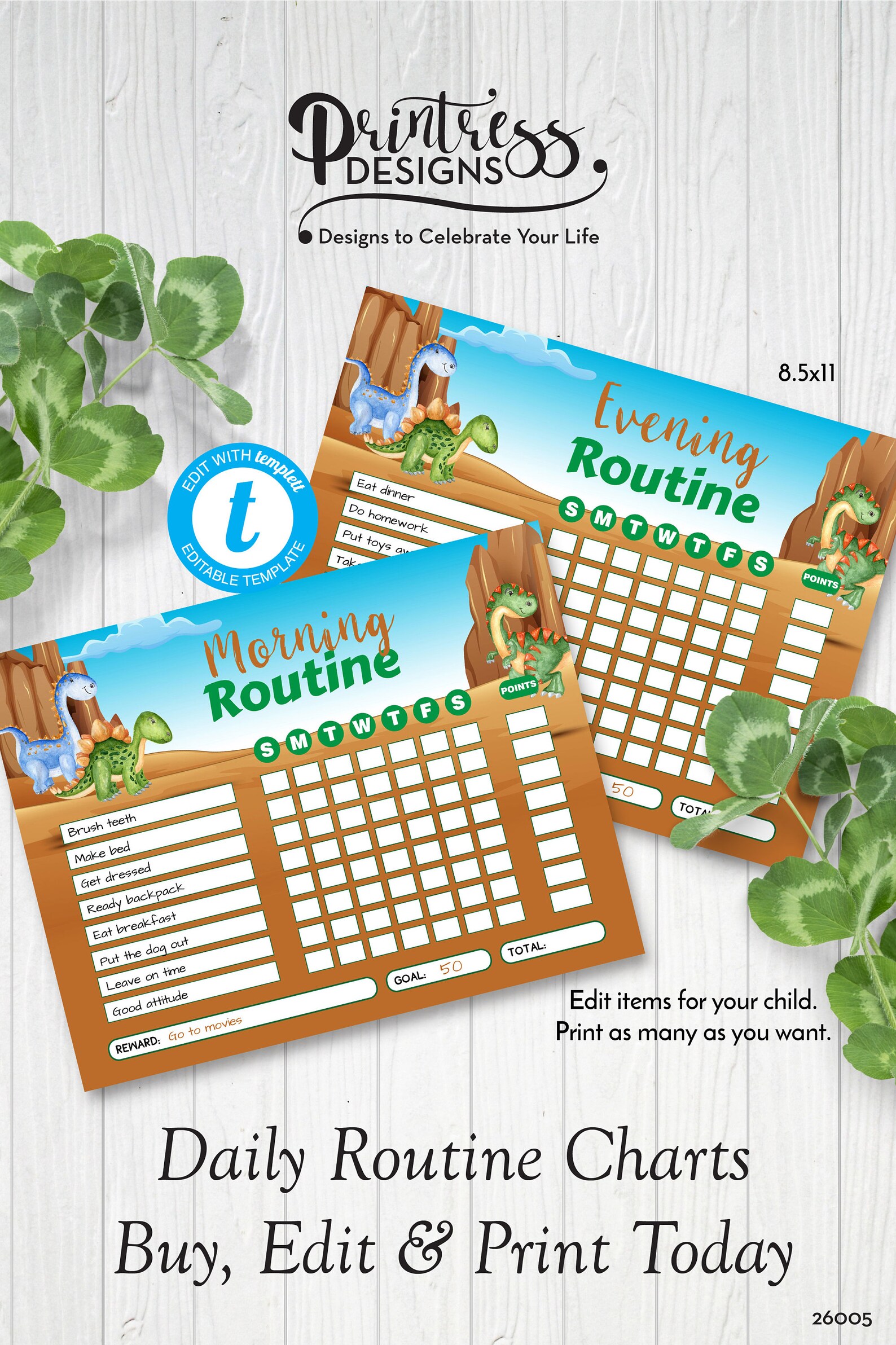 Dinosaur Children's Daily Routine Charts Morning Routine | Etsy