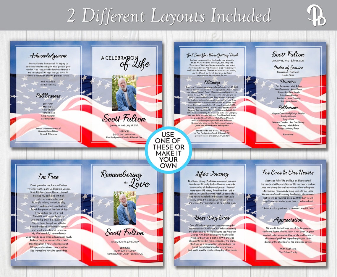 Waving Flag Funeral Program Template Patriotic Obituary/order - Etsy