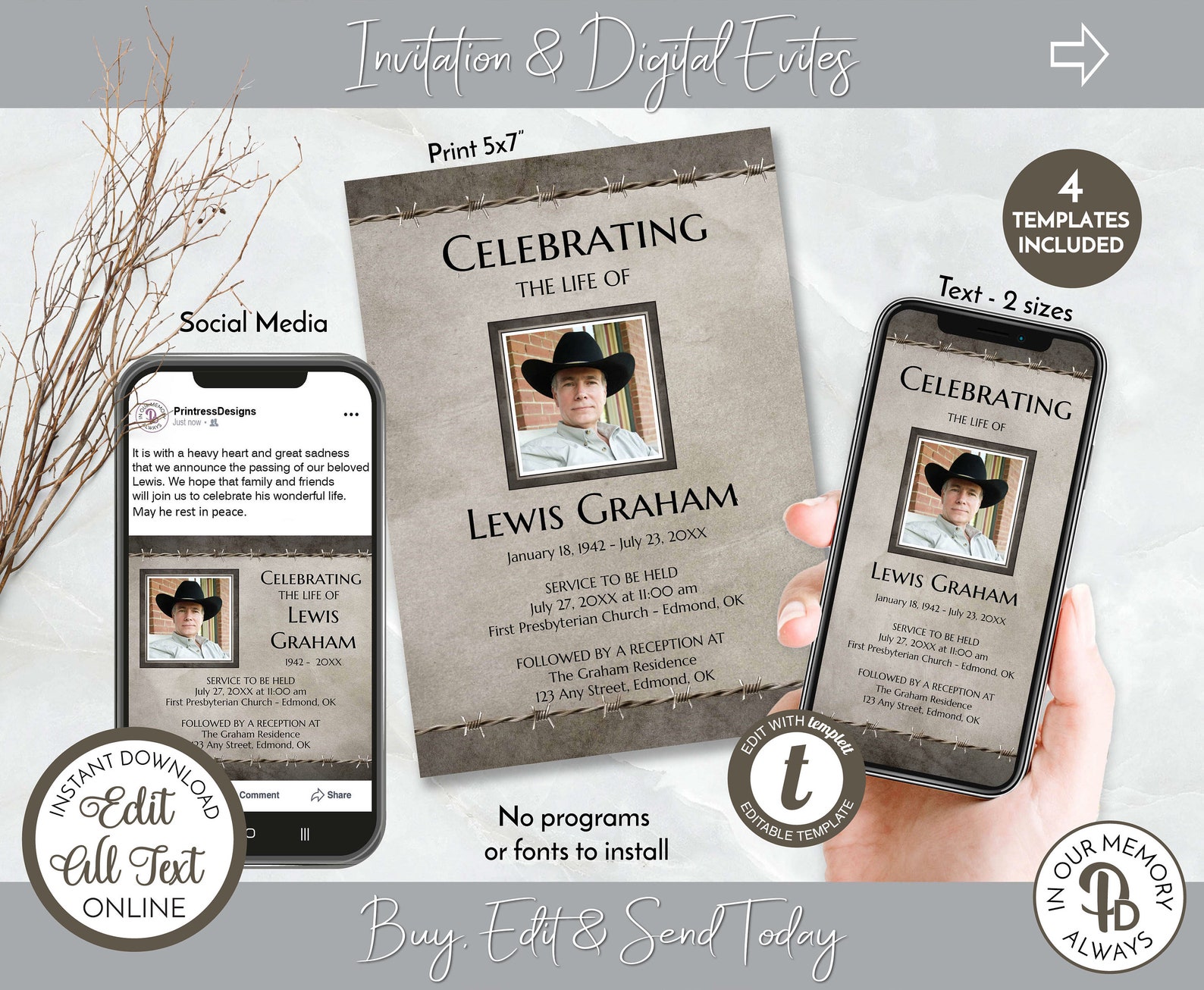 Rustic Brown Funeral Invitation, Electronic Funeral Announcement ...
