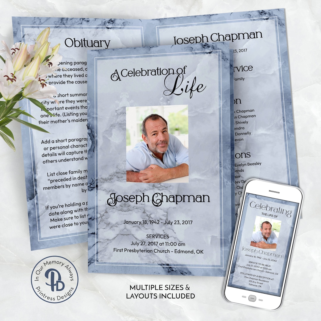 Blue Marble Funeral Program, Obituary Template, Celebration of Life ...