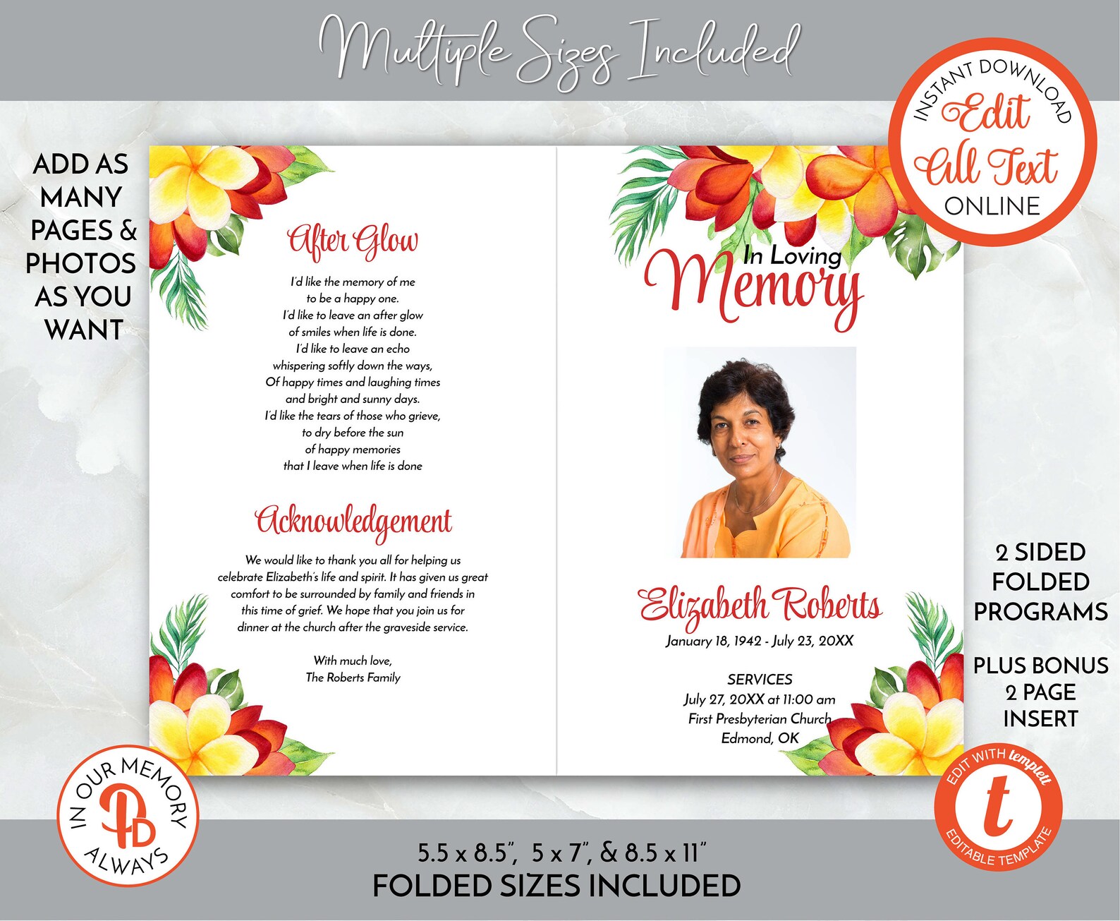 Tropical Floral Funeral Program, Obituary Template, Celebration of Life ...