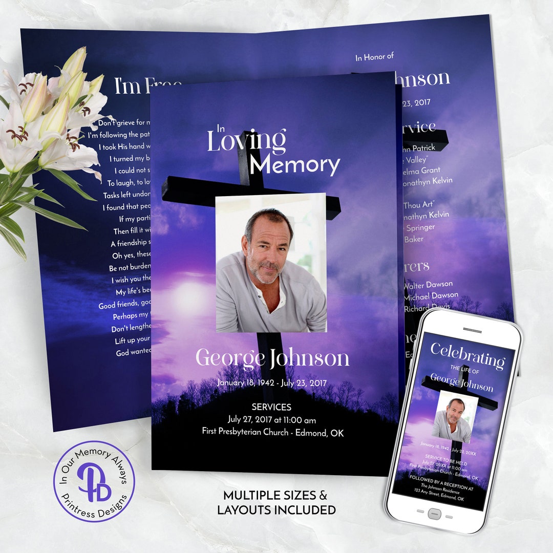 Purple Sunset Cross Funeral Program Template Obituary/order - Etsy