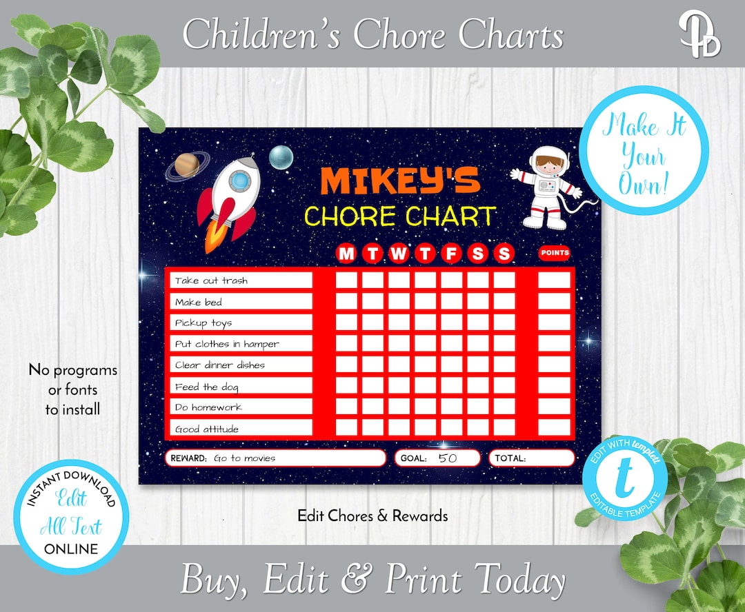 Outer Space Children's Chore Chart, Editable Reward Chart, Printable ...