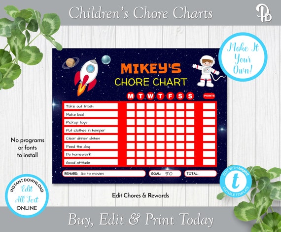 Outer Space Children's Chore Chart Editable Reward Chart | Etsy