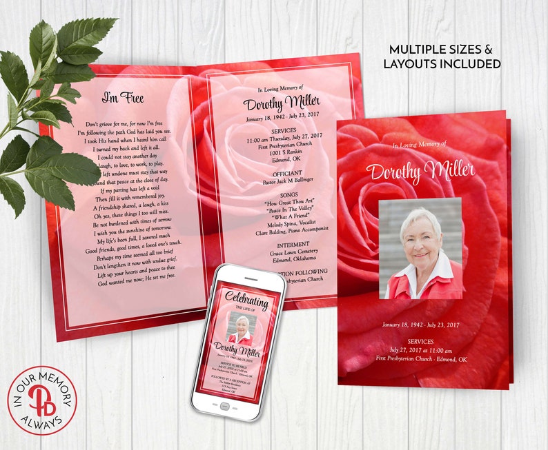 Coral Red Rose Funeral Program Template Obituary/order of - Etsy