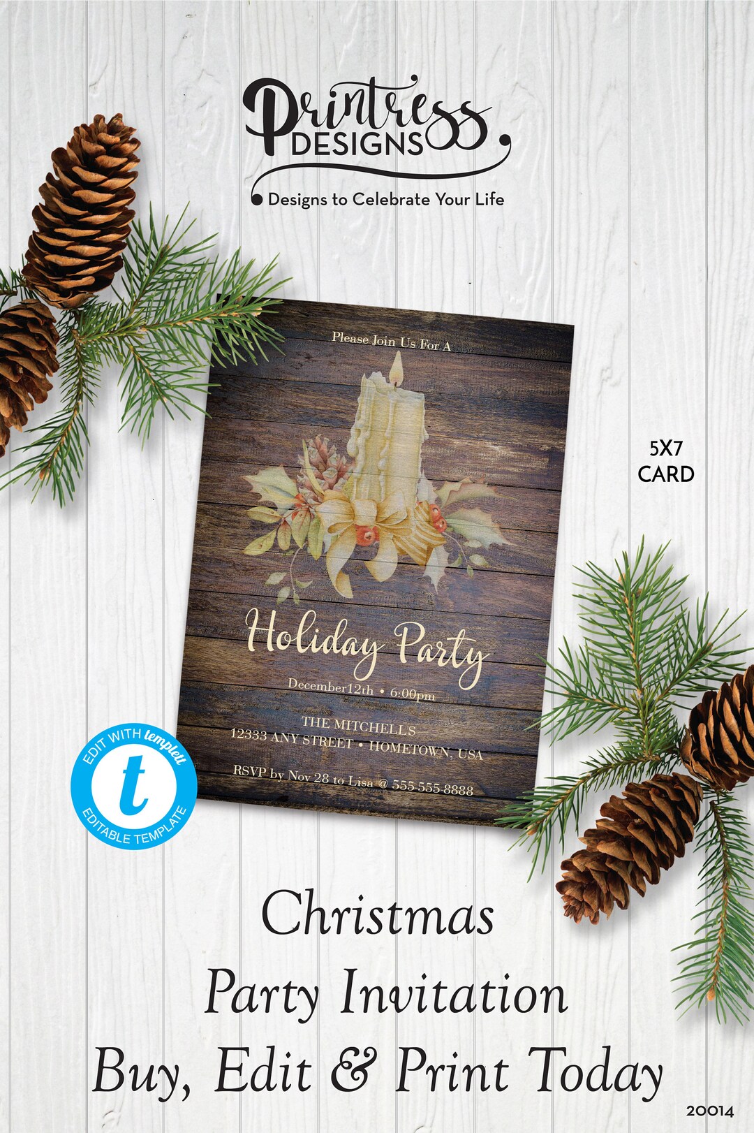 Rustic Wood & Candle Holiday Party Invitation, Christmas Party ...