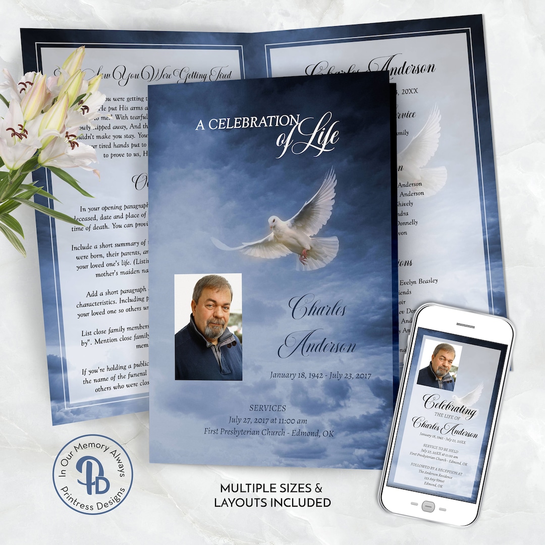 Blue Sky Dove Funeral Program, Obituary Template, Celebration of Life ...