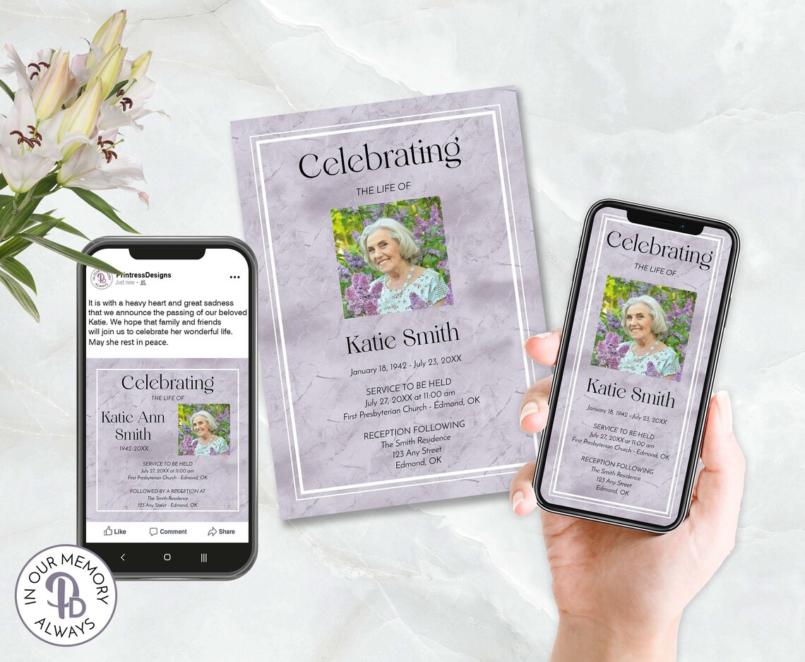 Lavender Marble Funeral Invitation Electronic Funeral - Etsy