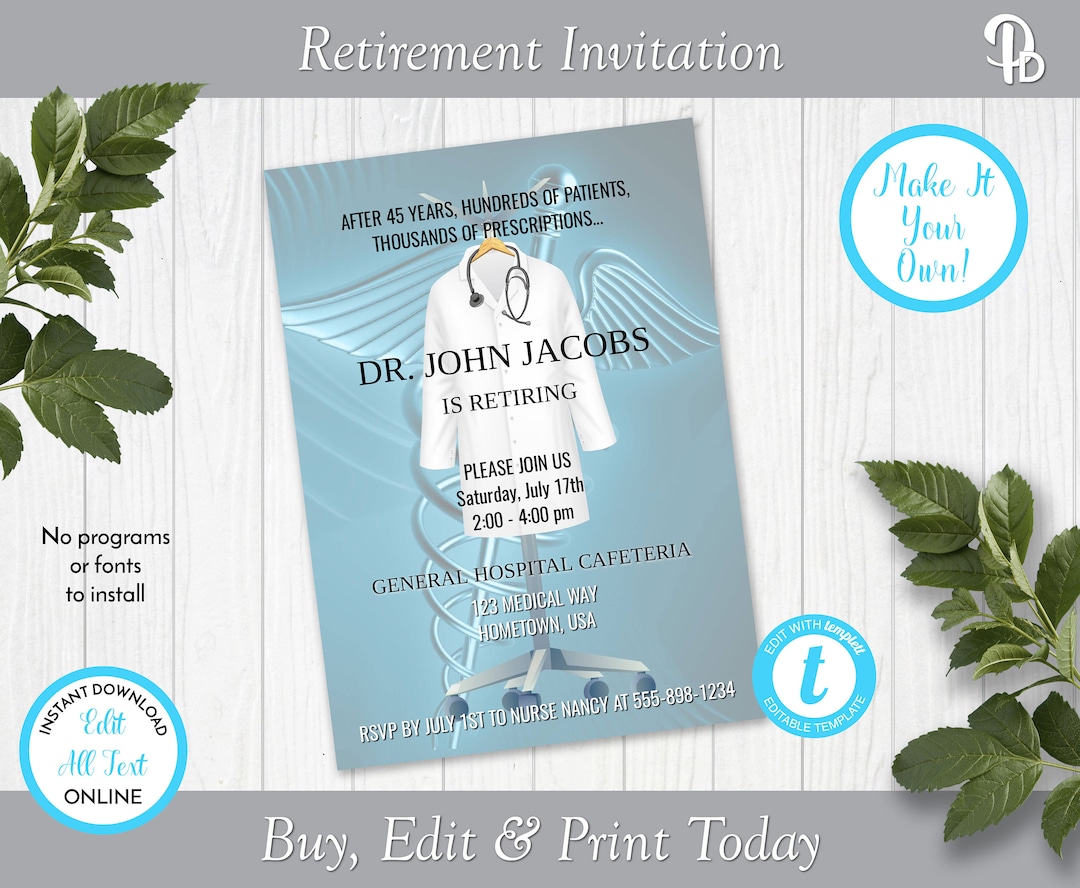 Doctor Retirement Party Invitation, Retirement Celebration Invite, Edit ...