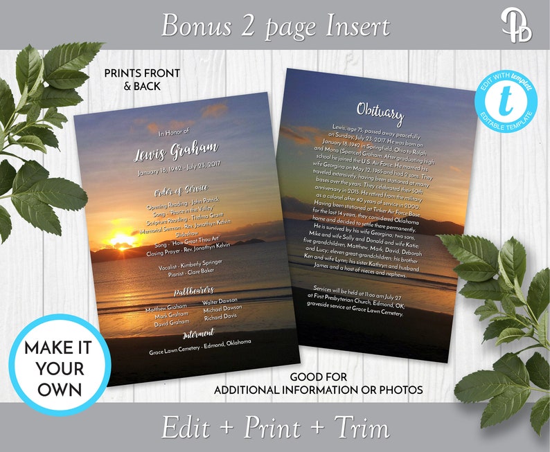 Beach Sunset Funeral Program Template Obituary/order of - Etsy