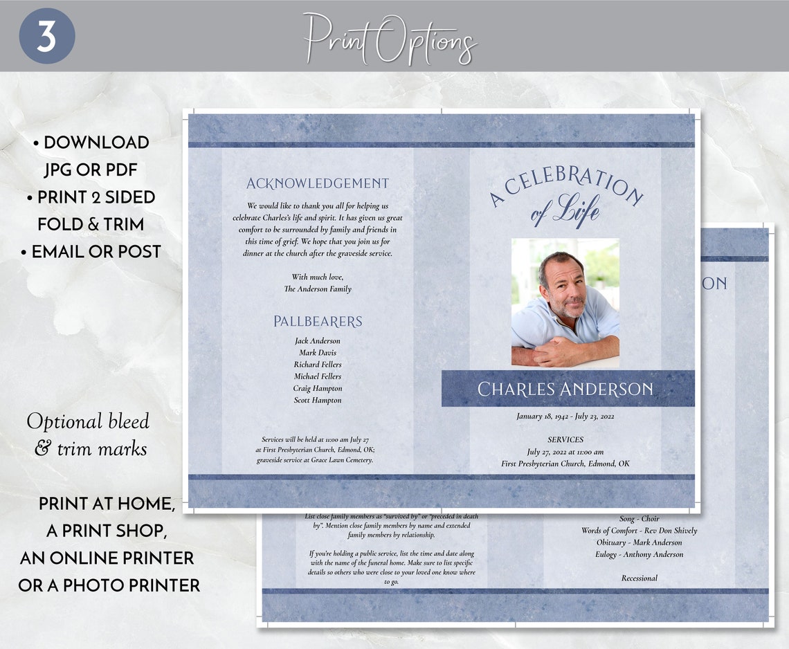Classic Blue Funeral Program Template Obituary-order of - Etsy