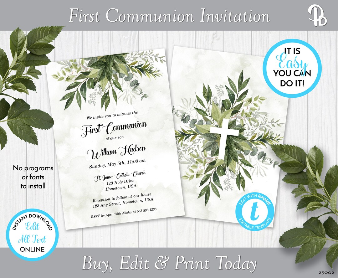 Green Foliage First Communion Invitation, Printable First Holy ...