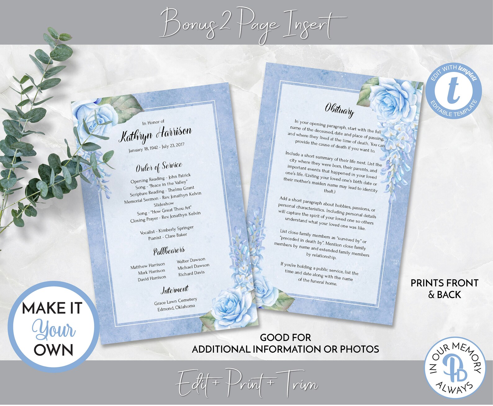 Blue Roses Funeral Program Template, Obituary/order of Service Template ...