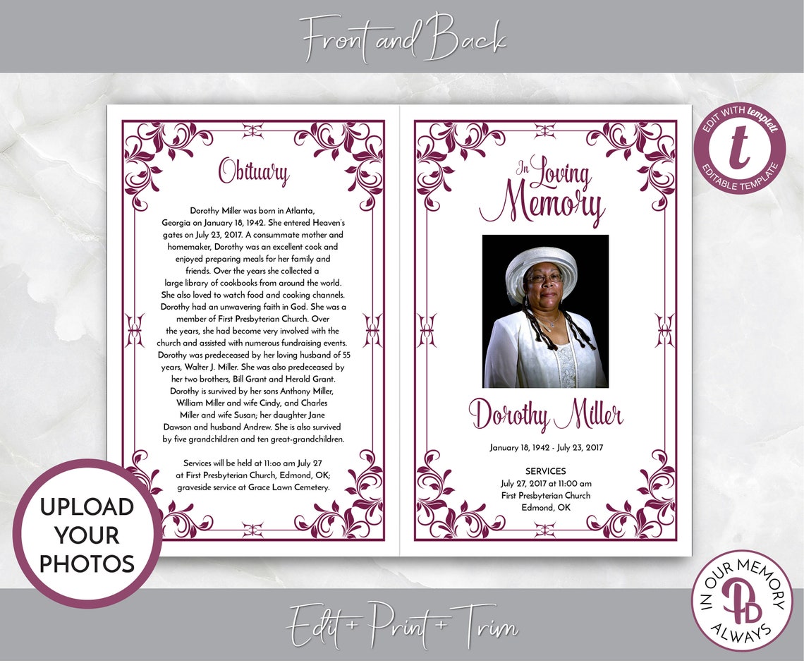 Classically Elegant Funeral Program Obituary Template - Etsy