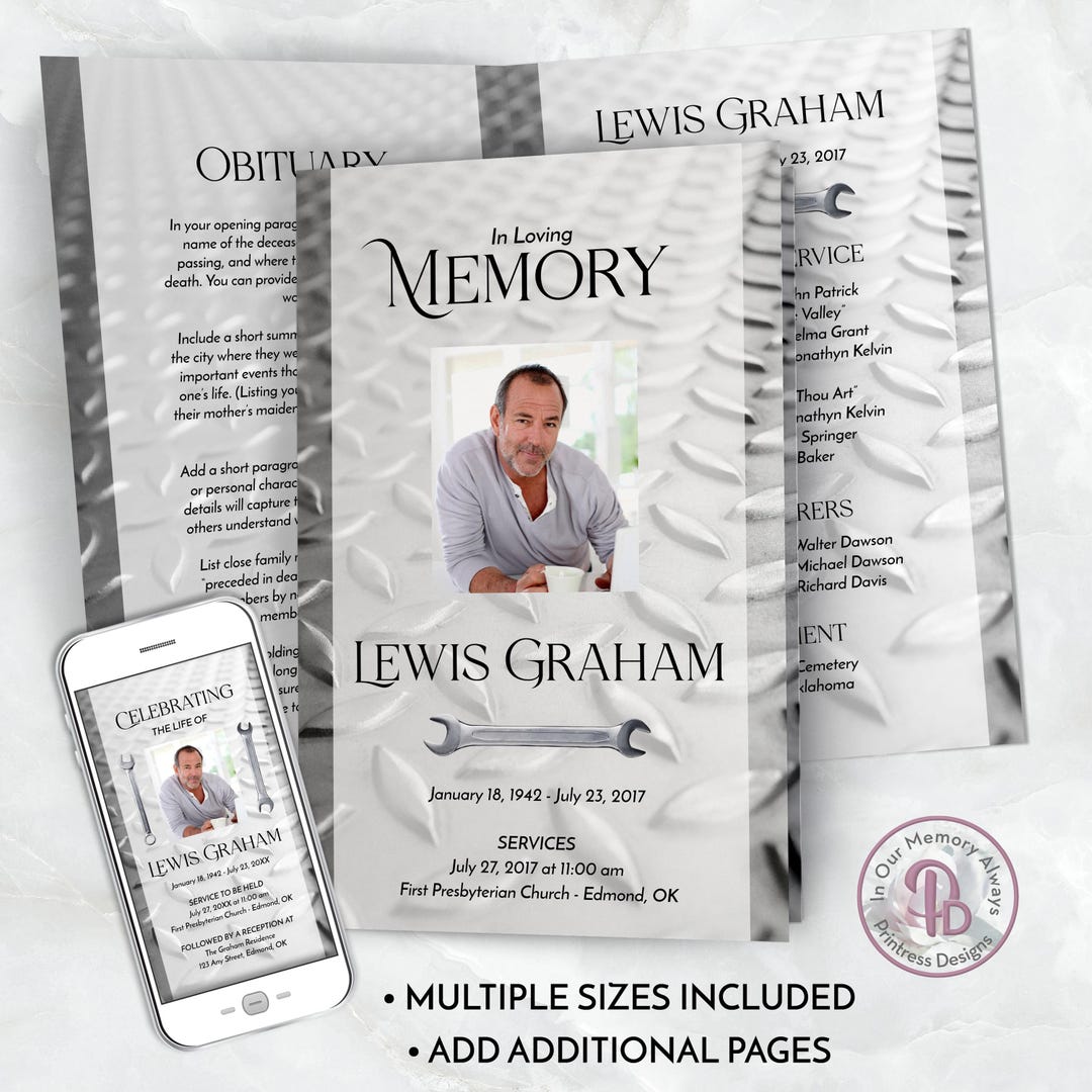 Mechanic’s Funeral Program Template, Celebration of Life Obituary ...