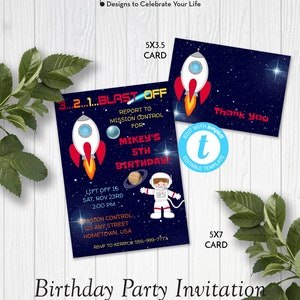Blast off Birthday Invitation and Thank You, Astronaut Birthday ...