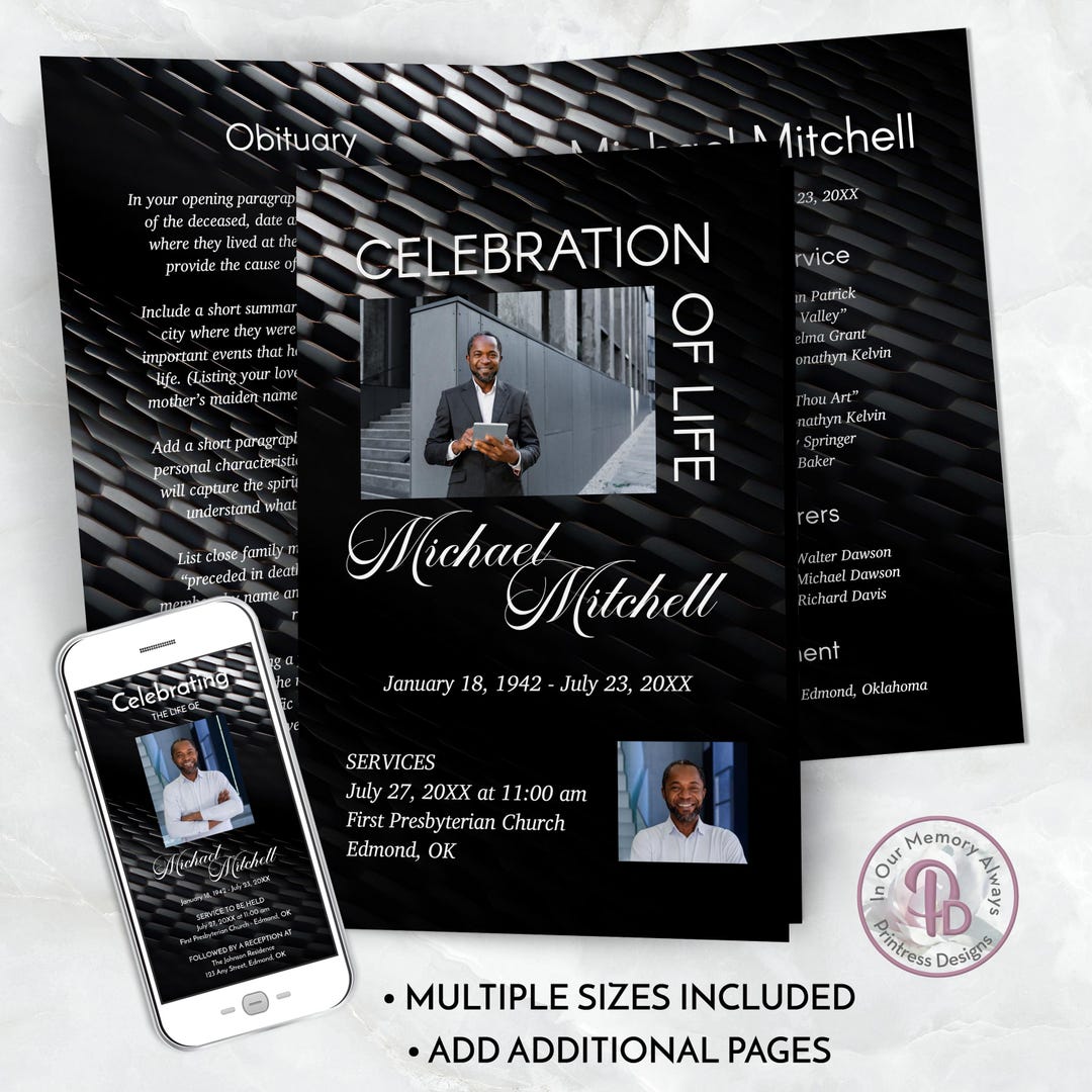 Black Funeral Program Template, Editable Memorial Service Brochure for ...