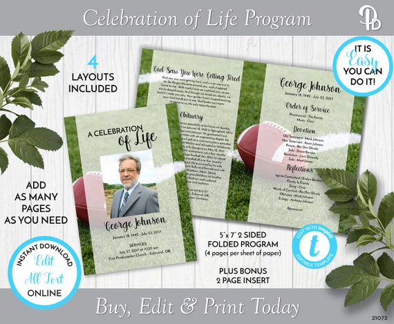 Football Fan Funeral Program Template Obituary/Order of | Etsy