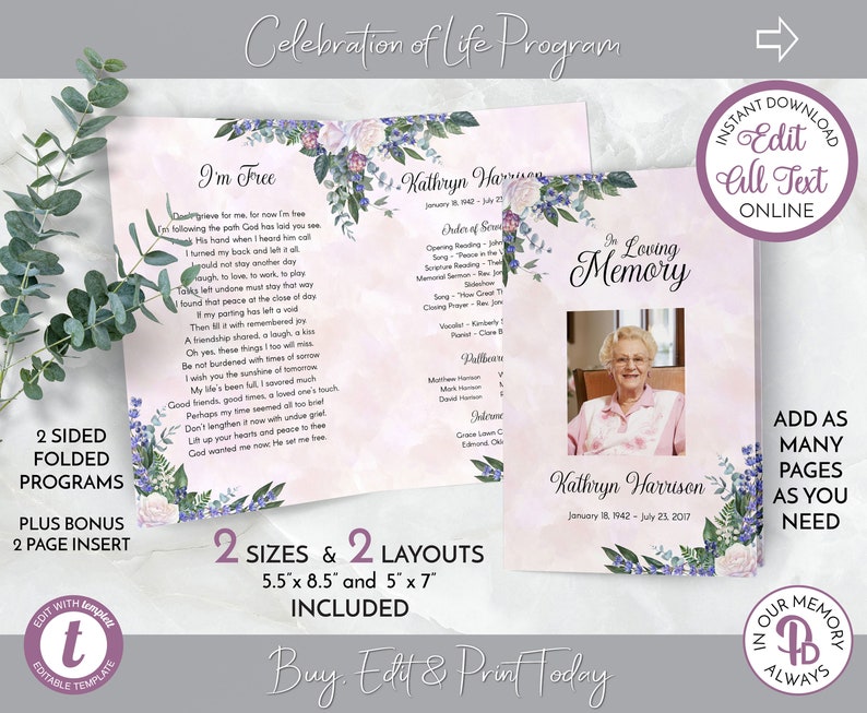 Pink Floral Funeral Program Obituary Template Celebration of - Etsy
