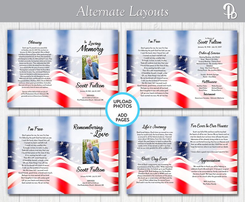 Waving Flag Funeral Program Template Patriotic Obituary/Order | Etsy
