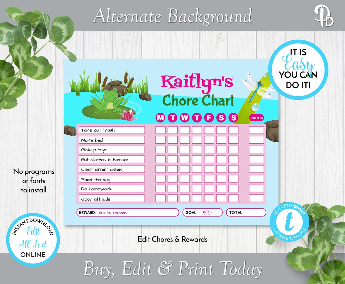Frog on Lily Pad Children's Chore Chart, Editable Reward Chart ...