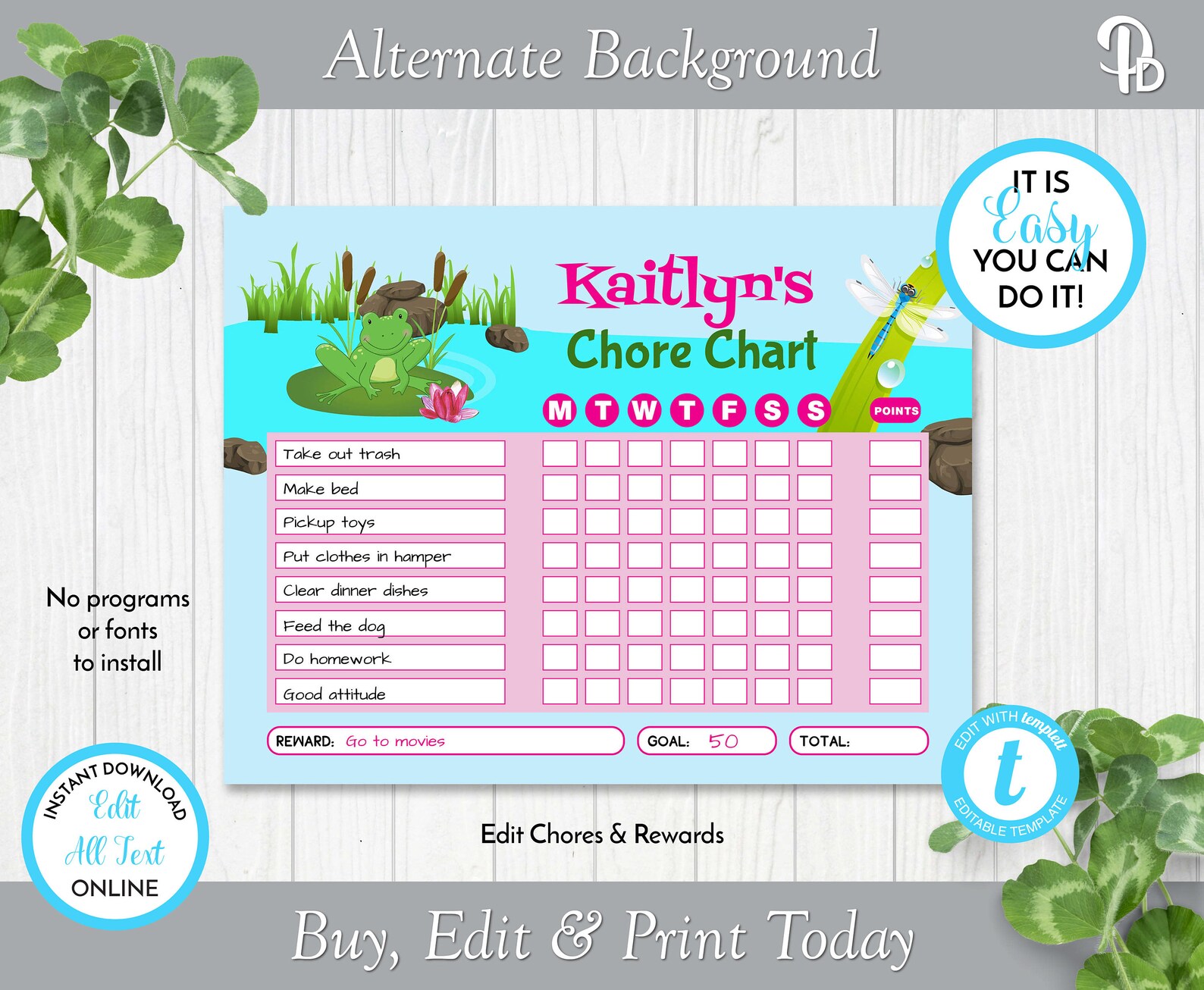 Frog on Lily Pad Children's Chore Chart, Editable Reward Chart ...