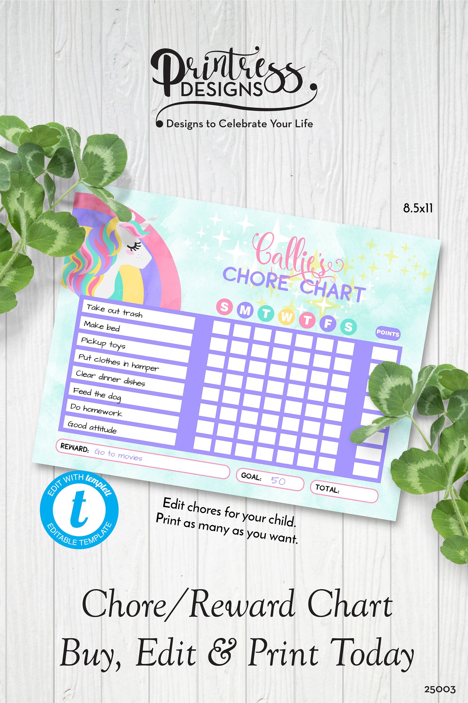 Pastel Unicorn Children's Chore Chart Editable Reward | Etsy