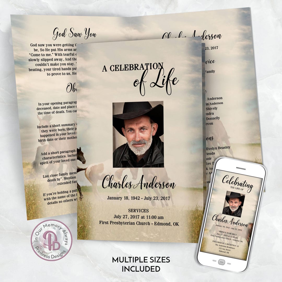 Western Horse Funeral Program Template, Printable Cowboy Memorial ...