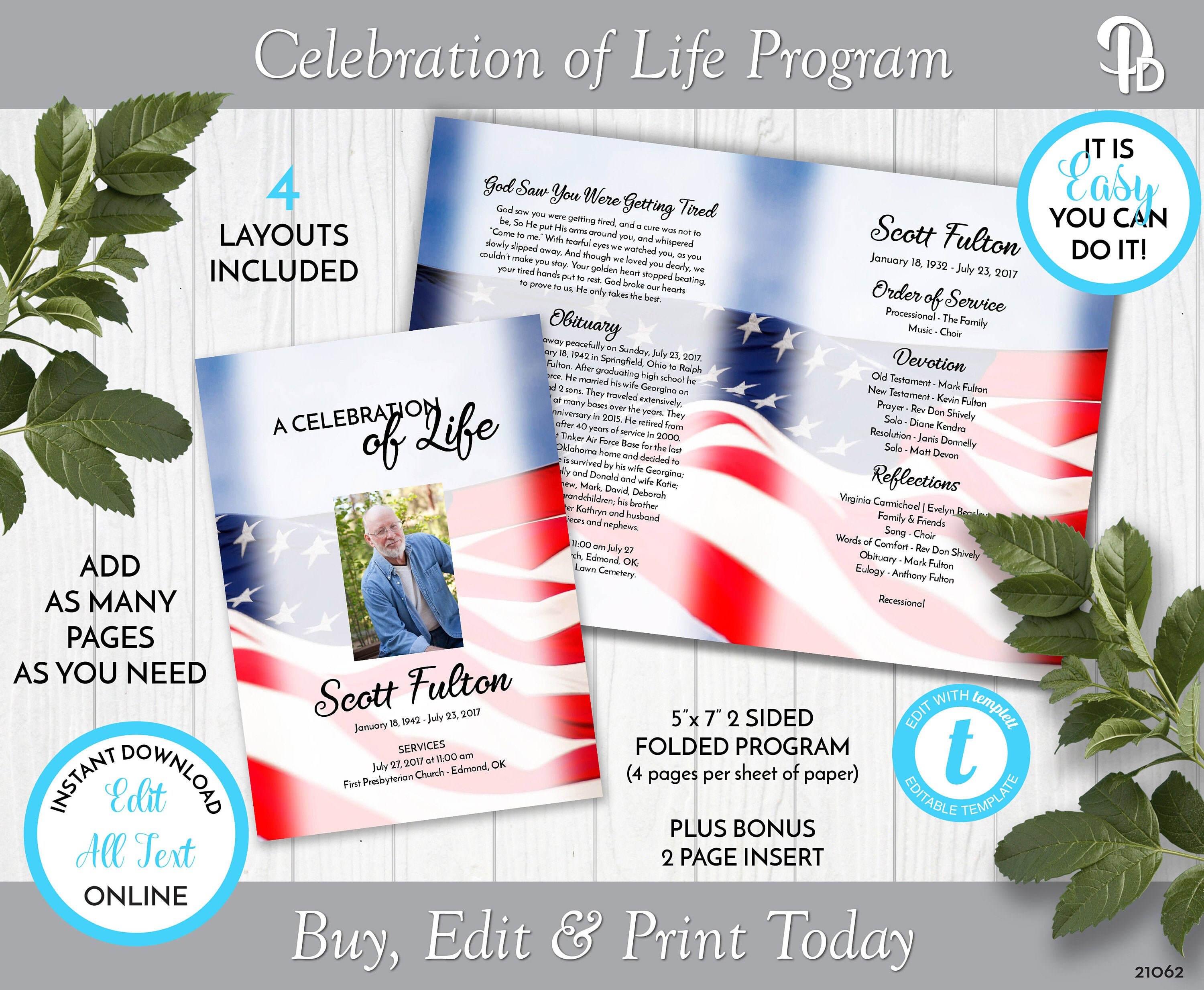Waving Flag Funeral Program Template Patriotic Obituary/Order | Etsy