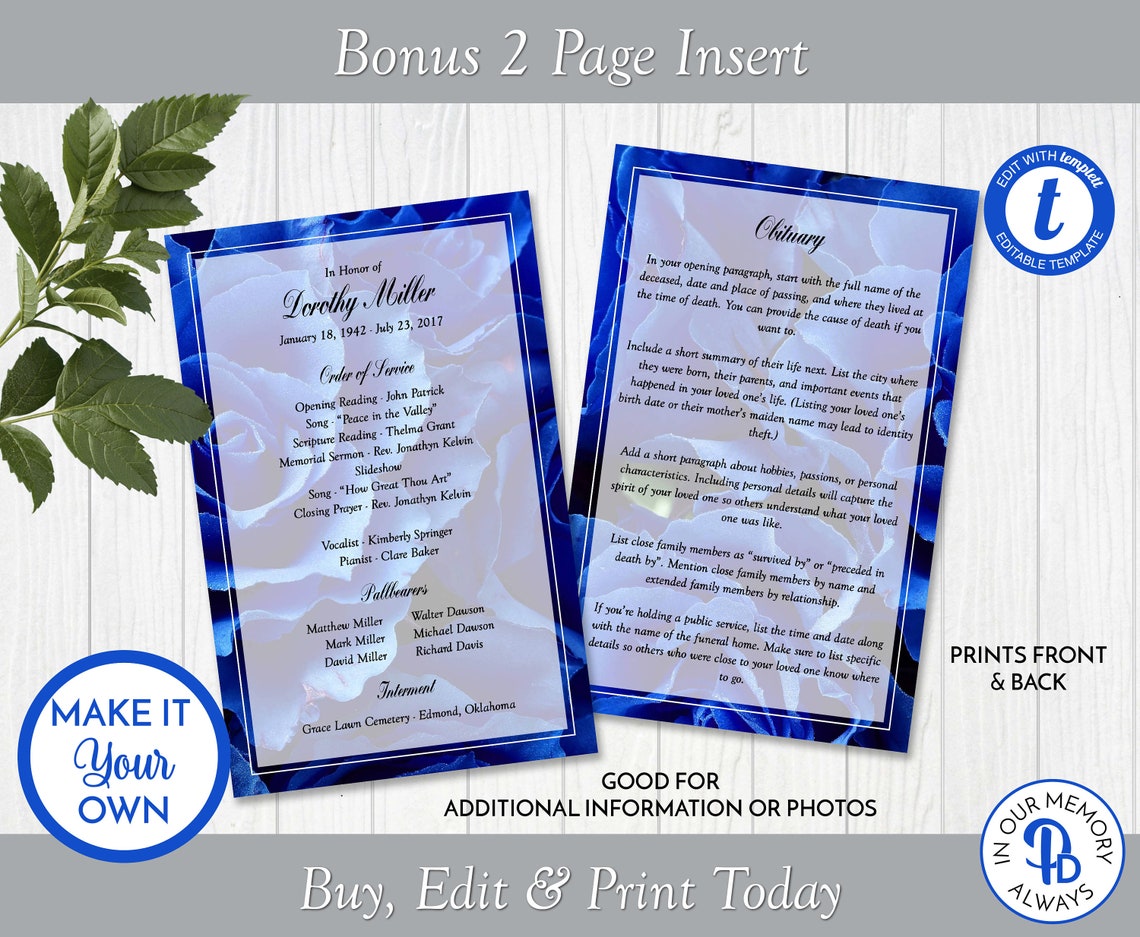 Blue Roses Funeral Program Template Obituary/order of Service - Etsy