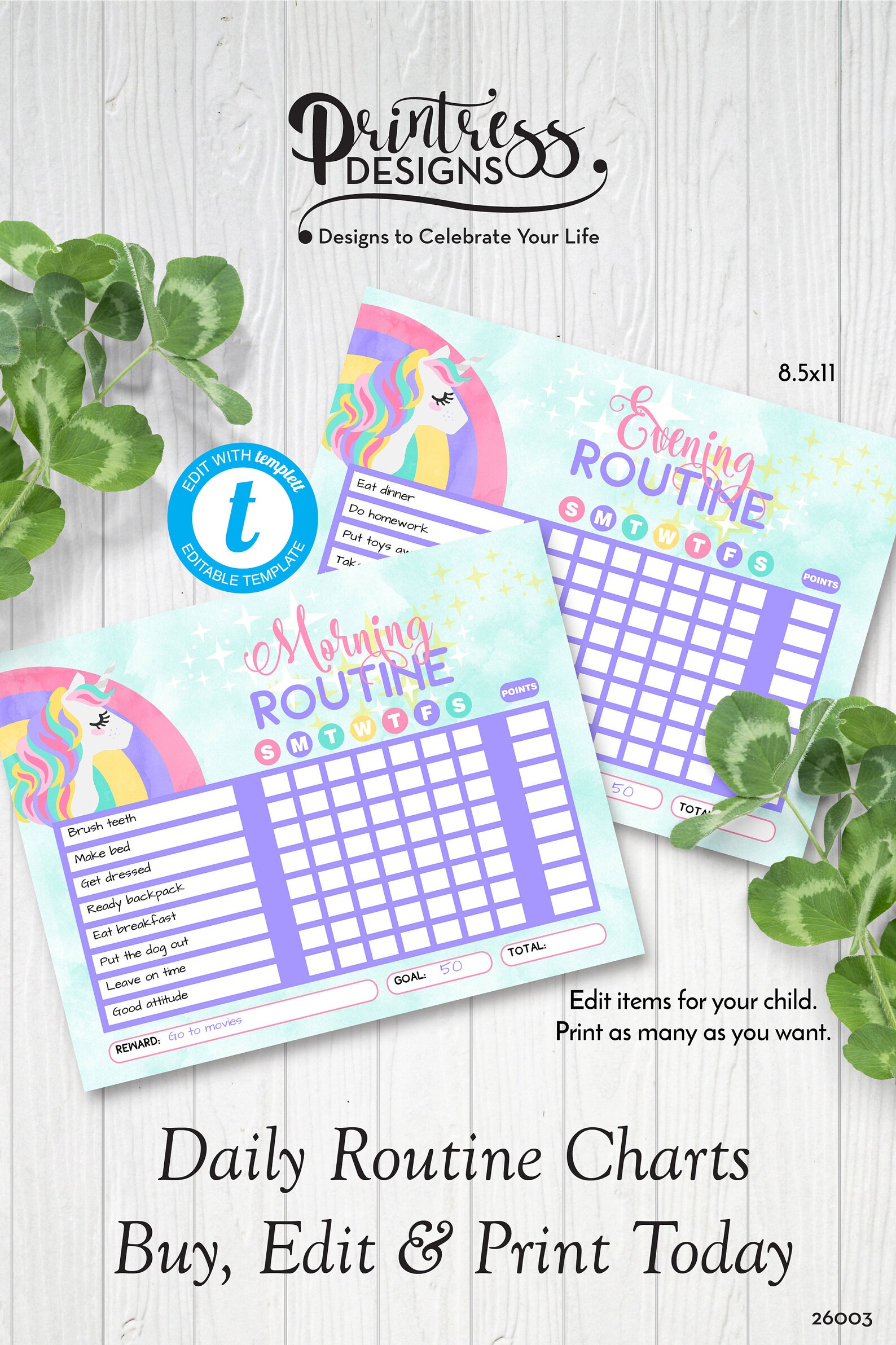 Pastel Unicorn Children's Daily Routine Charts Morning | Etsy