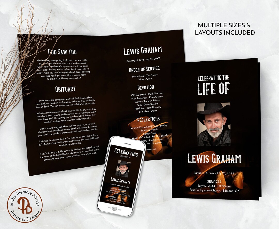 Cowboy Hat and Boots Funeral Program Obituary Template - Etsy