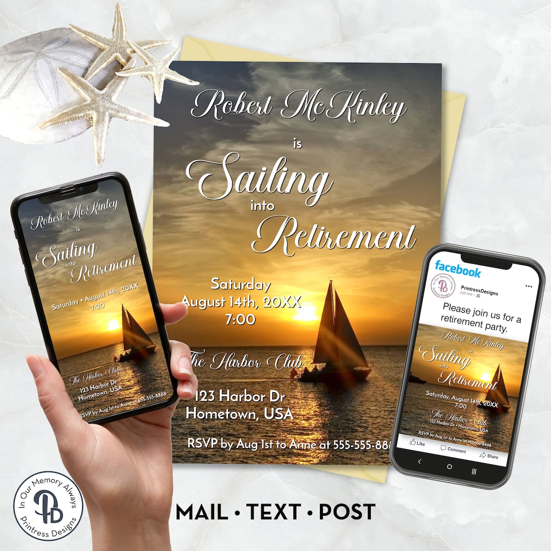 Sailing Into Retirement Party Invitation Template, Digital Sunset ...