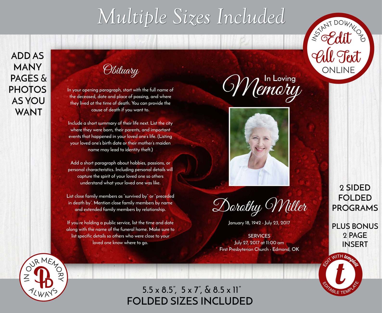 Deep Red Rose Funeral Program Template Obituary/order of - Etsy